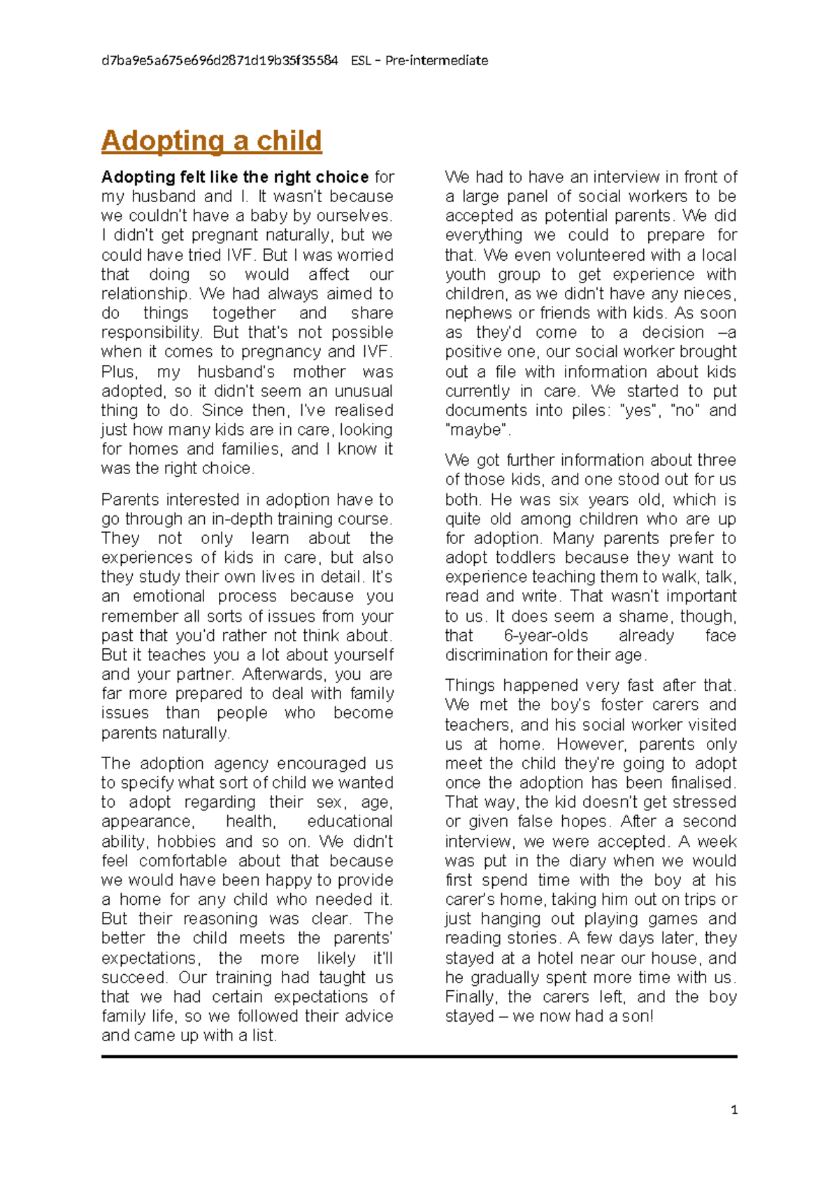 Reading Exercise - Adopting a Child - Pre-Intermediate - Print ...