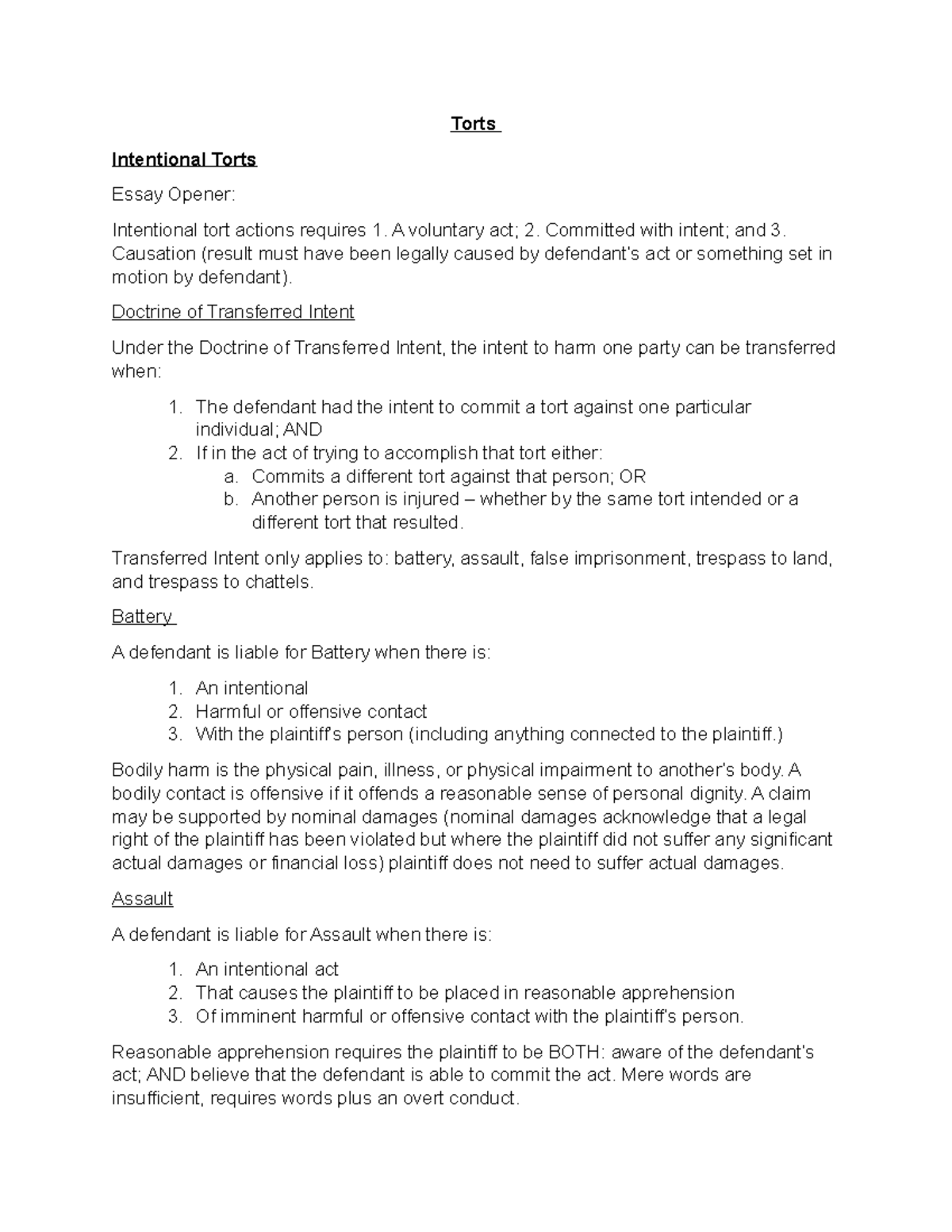 Torts - Torts Intentional Torts Essay Opener: Intentional tort actions ...