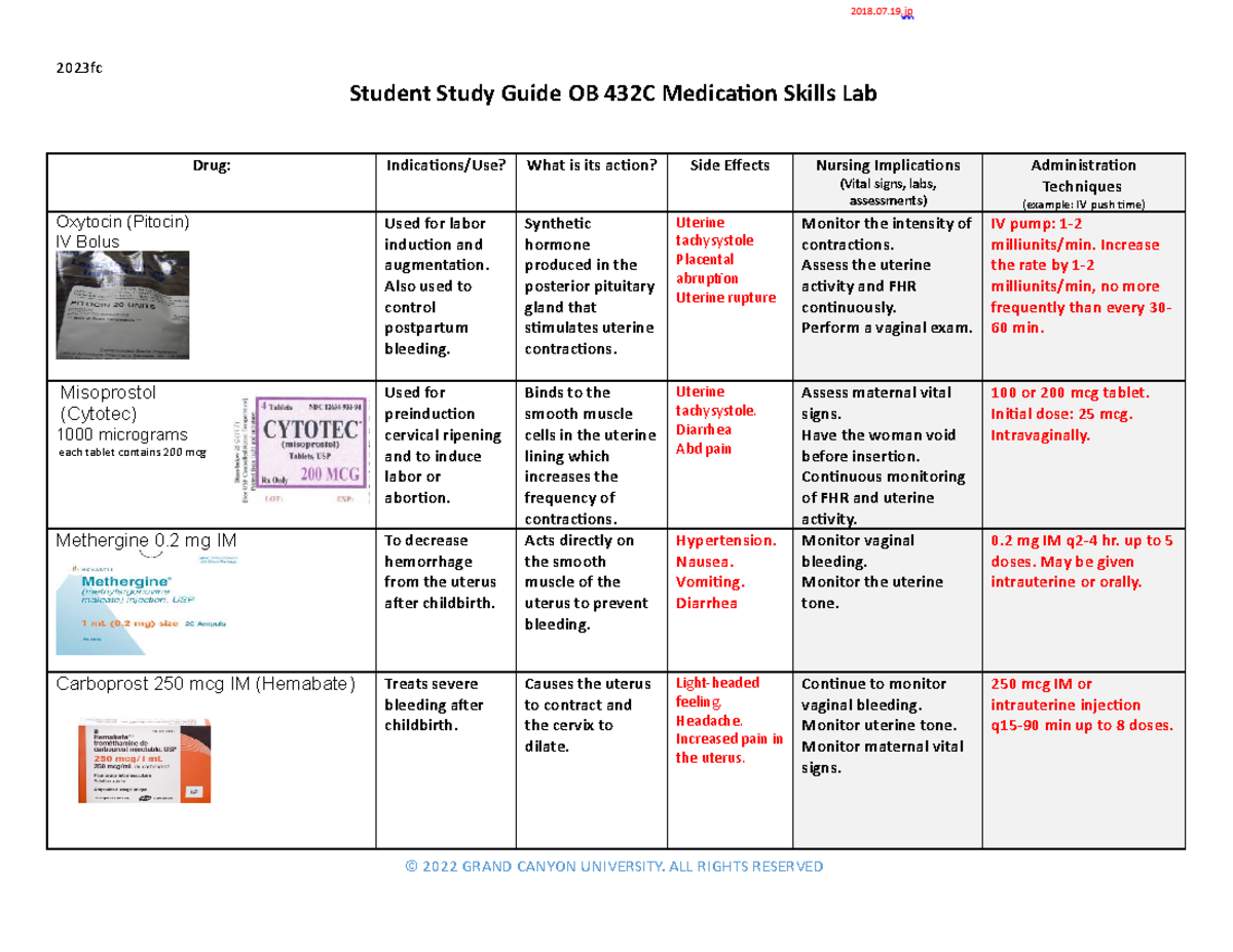 432C OB Medication Student Study Guide - NSG-432 - GCU - Studocu