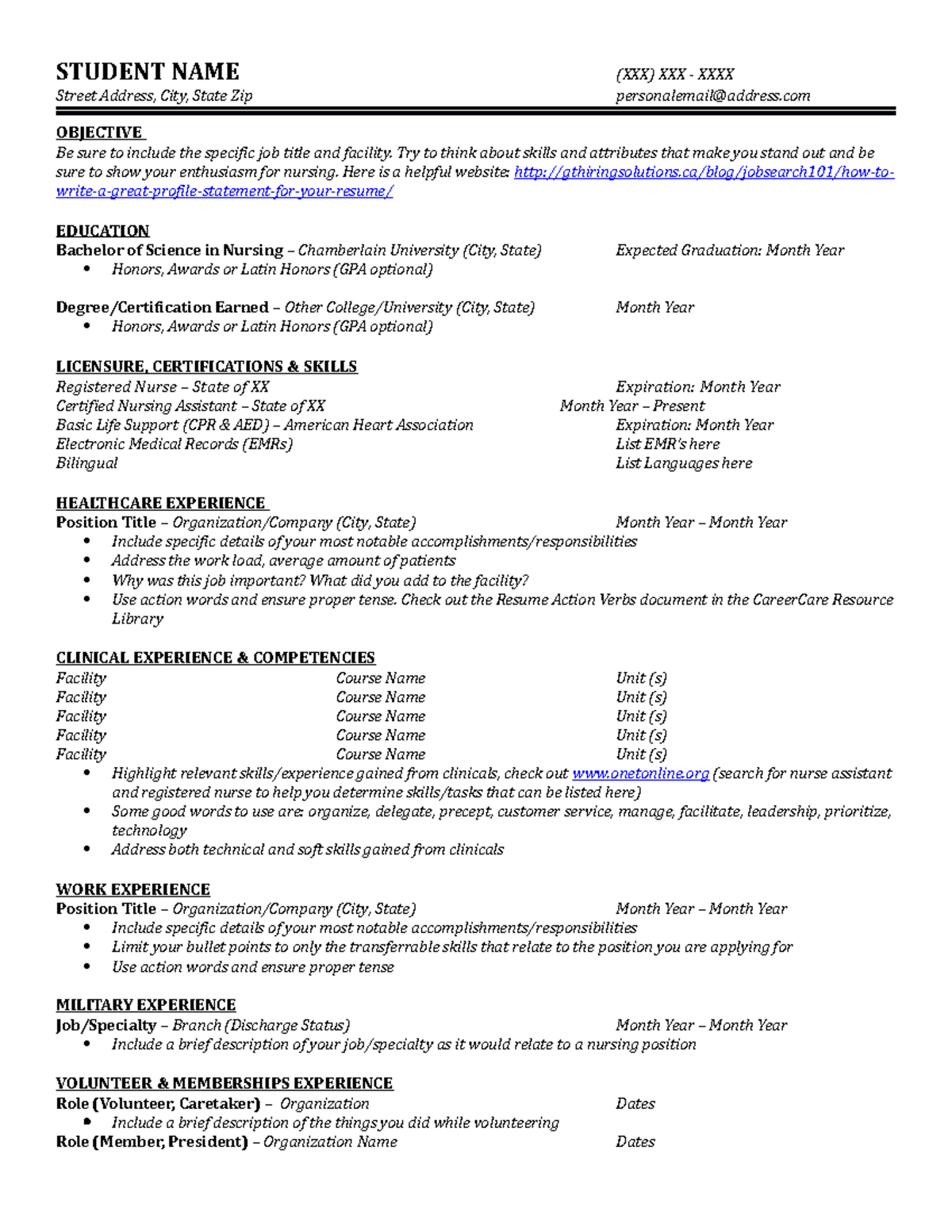 New Graduate BSN Resume Template - STUDENT NAME (XXX) XXX - XXXX Street ...