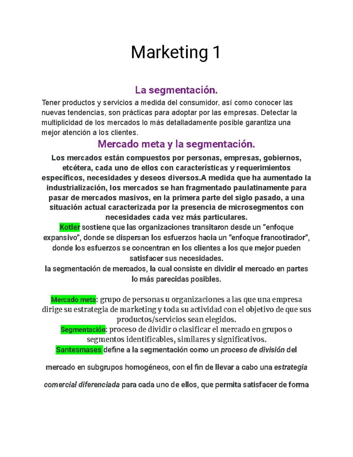 Resumen de marketing 1 M2 , lestura 3 y 4 - Marketing 1 Segmentación de mercados La segmentación ...