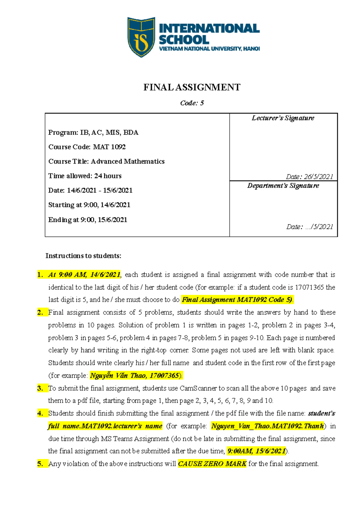 Final Assignment MAT1092 Code 5 - FINAL ASSIGNMENT Code: 5 Program: IB, AC, MIS, BDA Course Code ...