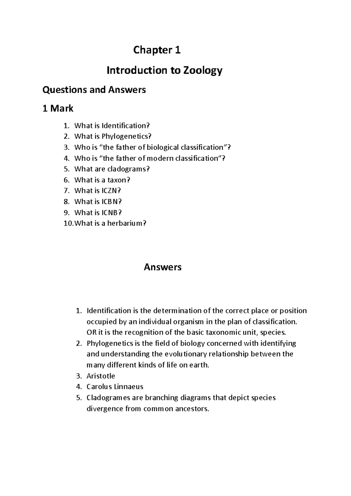 Chapter 1 Introduction to Zoology Question and answers - Chapter 1 ...