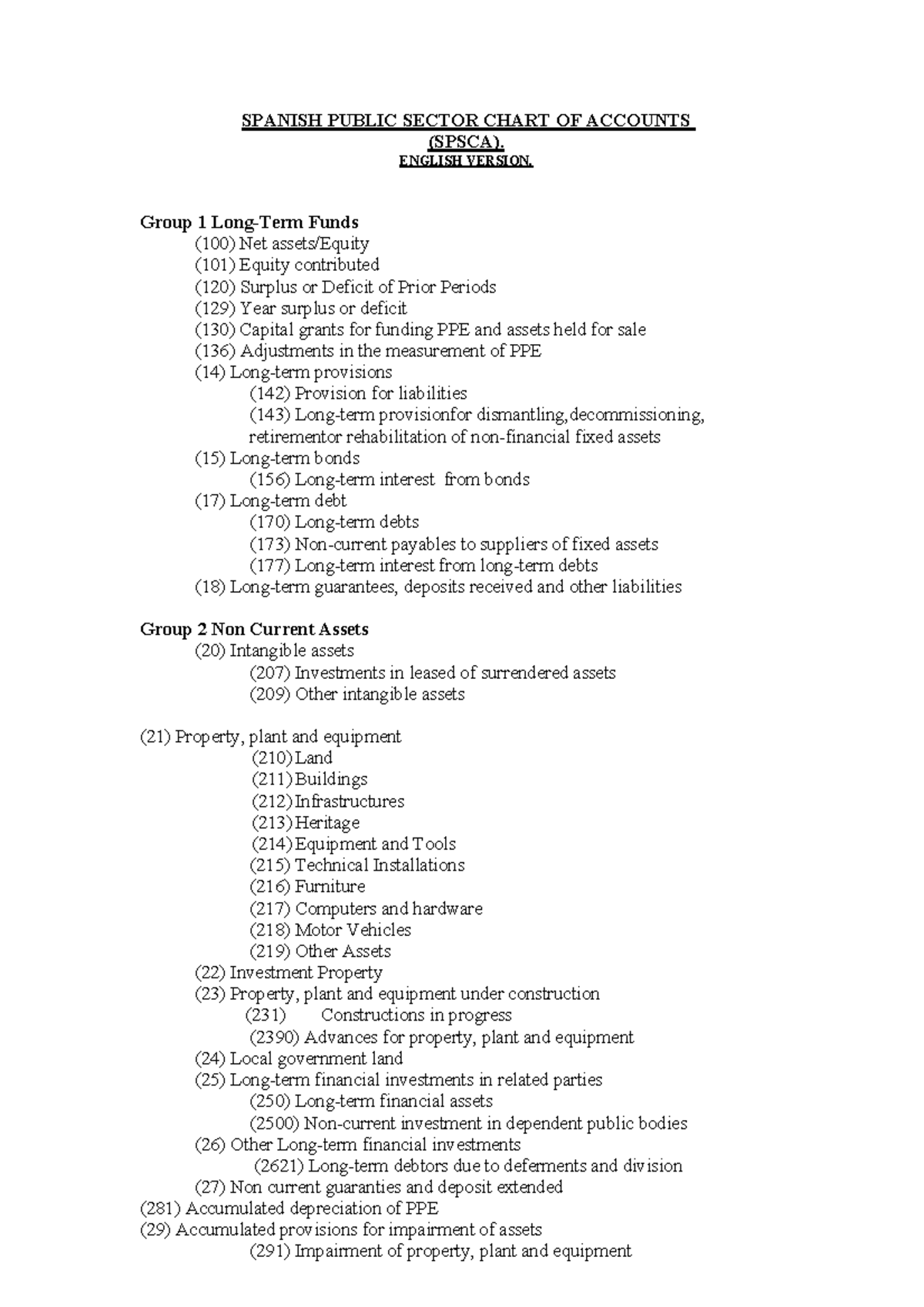 Chart of Accounts 1 - SPANISH PUBLIC SECTOR CHART OF ACCOUNTS (SPSCA ...