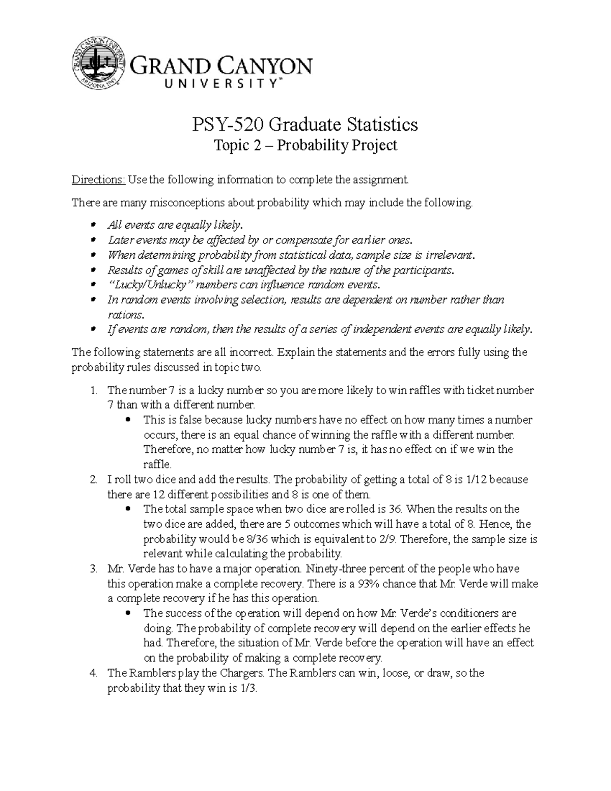 Probability project - PSY-520 Graduate Statistics Topic 2 – Probability ...