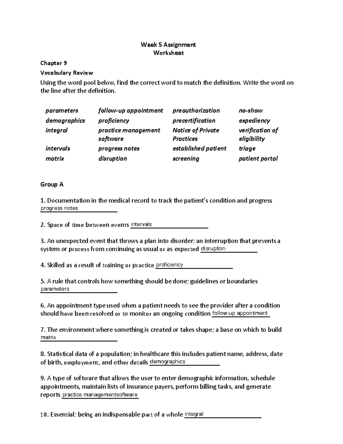 Week 5 Assignment Worksheet (2)343 - Week 5 Assignment Wor ksh eet Chapter 9 Vocabulary Review ...