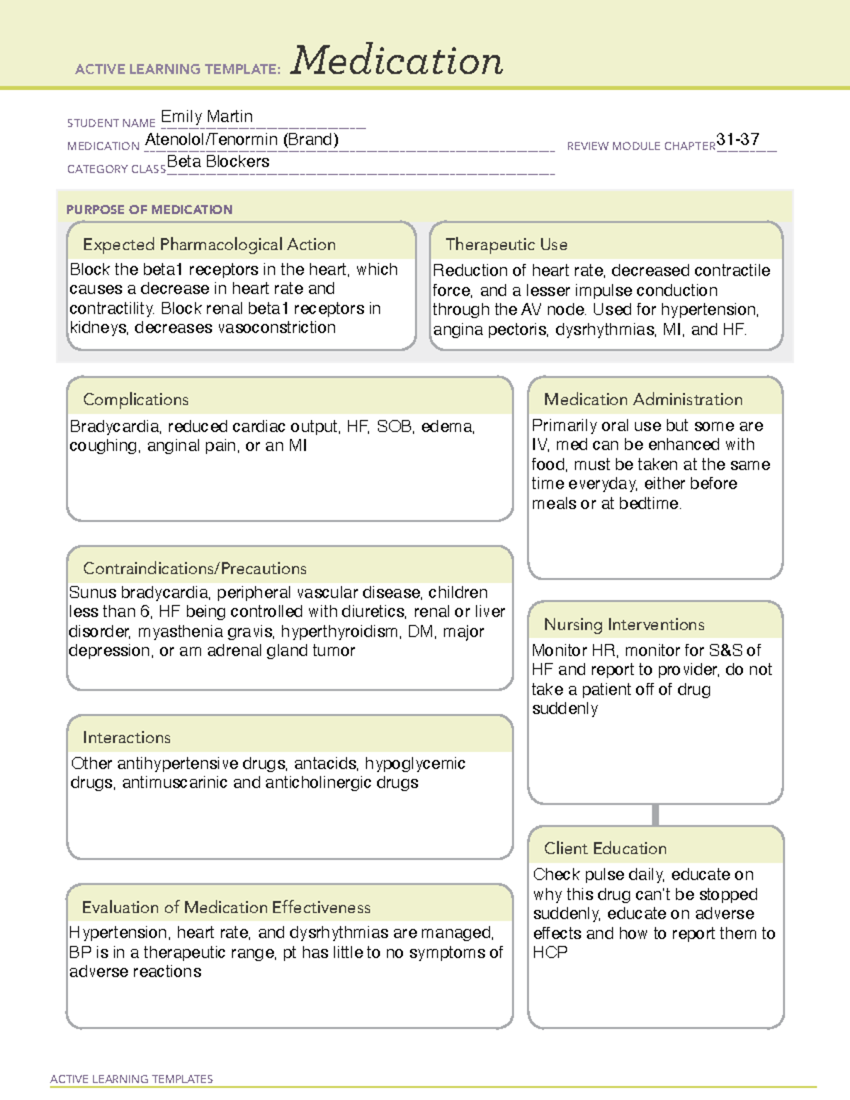 Tenormin - ACTIVE LEARNING TEMPLATES Medication STUDENT NAME