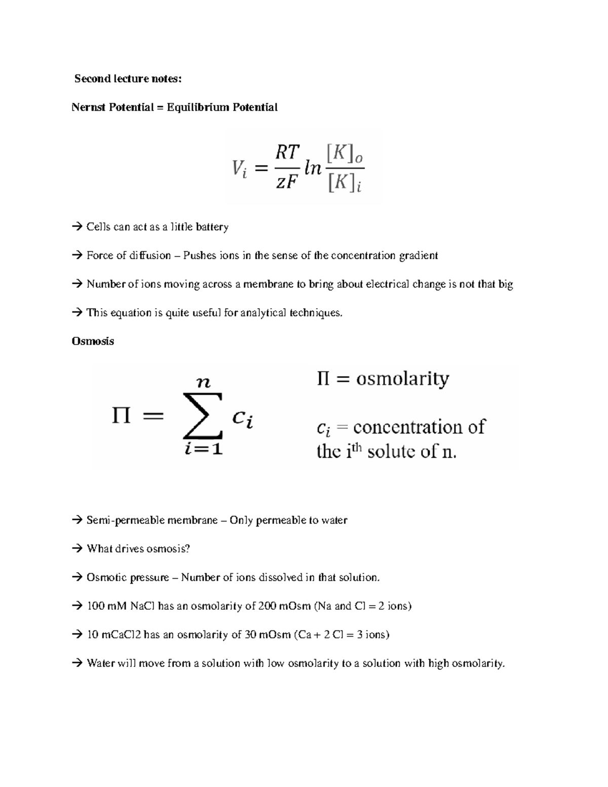 Second lecture notes - Second lecture notes: Nernst Potential ...
