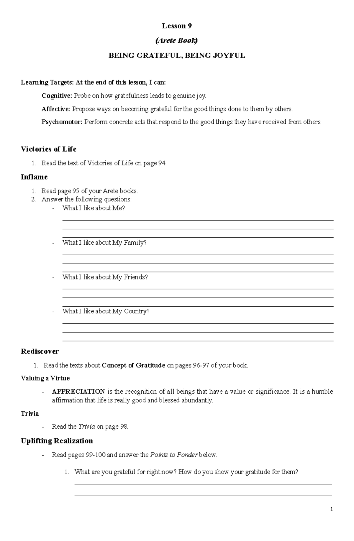 Grade 8 - module 4 week - Lesson 9 (Arete Book) BEING GRATEFUL, BEING ...