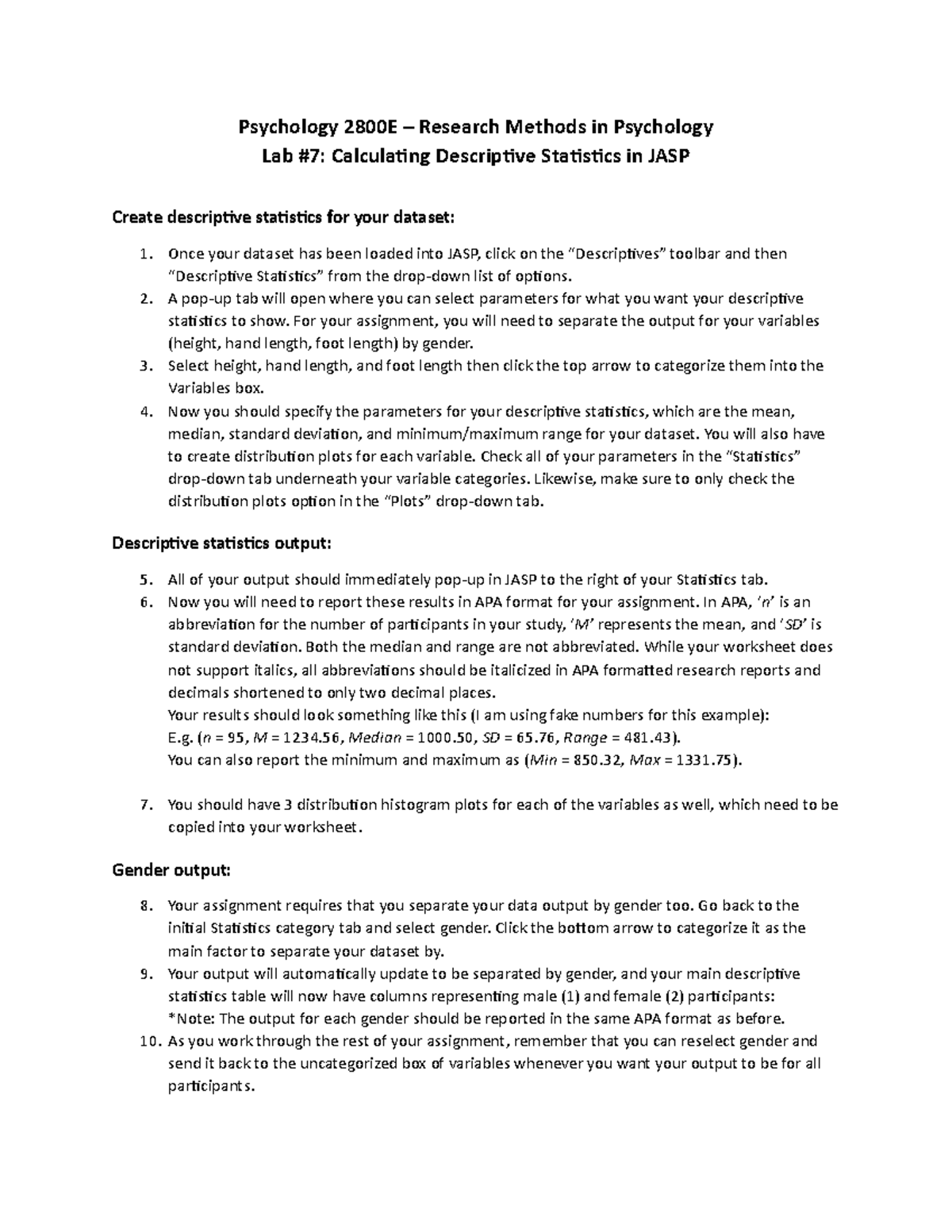 Lab 7 Jasp Tutorial - Psychology 2800E – Research Methods in Psychology ...