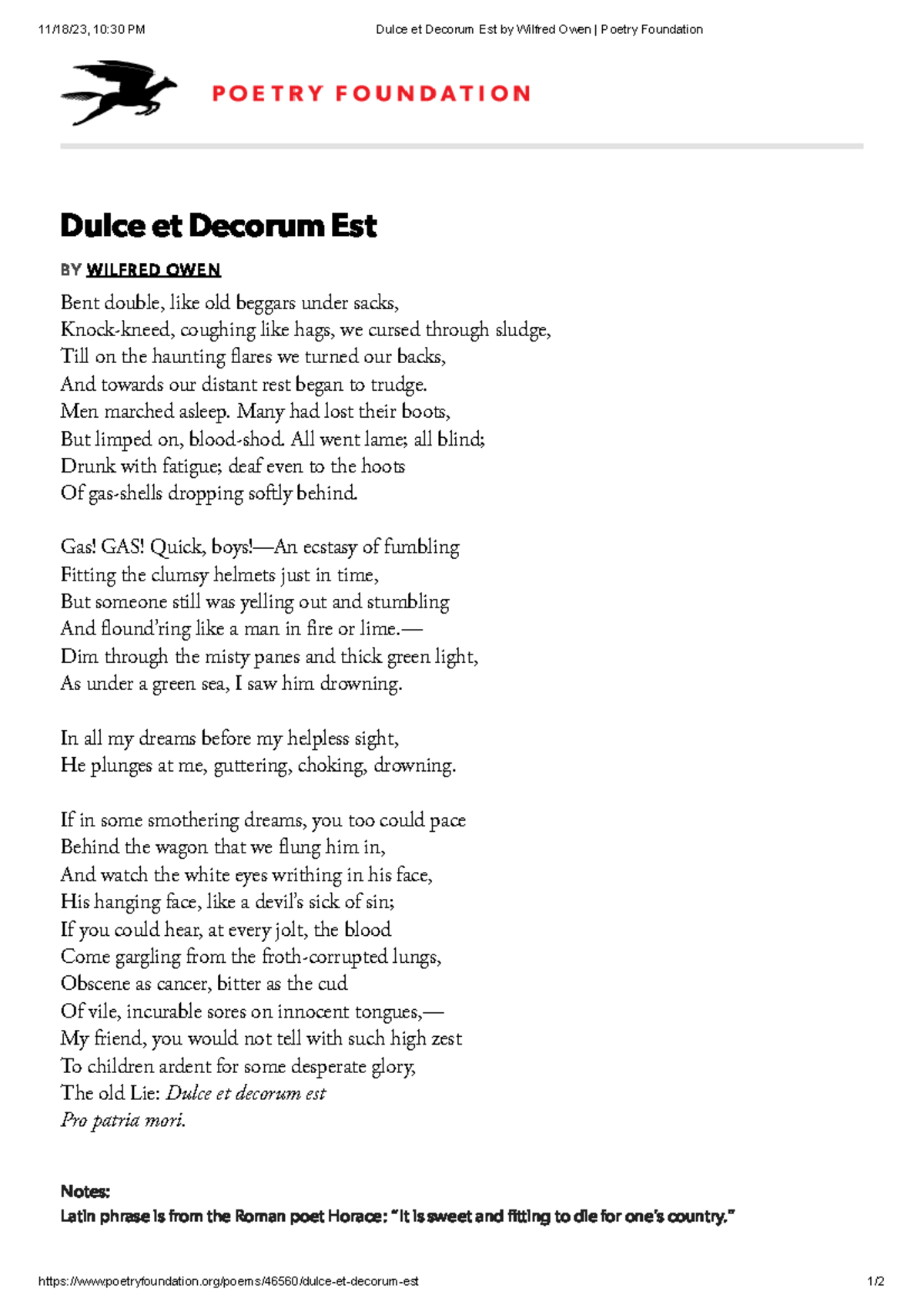 Dulce et Decorum Est by Wilfred Owen Poetry Foundation - 11/18/23, 10 ...