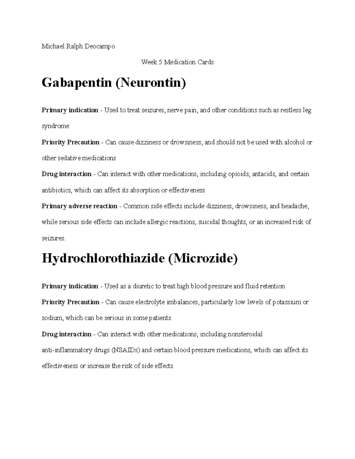 NURS 400 AD MED SURG Week 5 Medication Cards - Michael Ralph Deocampo ... NURS 400 AD MED SURG Week 5 Medication Cards - Michael Ralph Deocampo ...