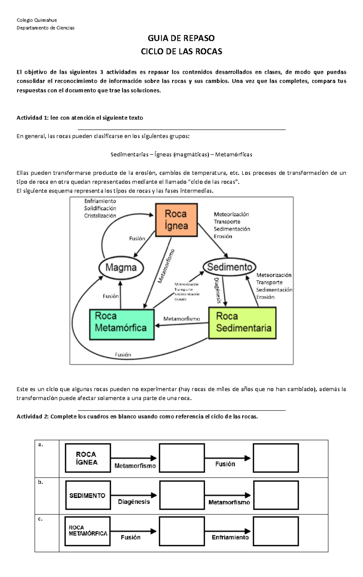 8vo - ejercicios 01 - ciclo de las rocas - Colegio Quimahue ...