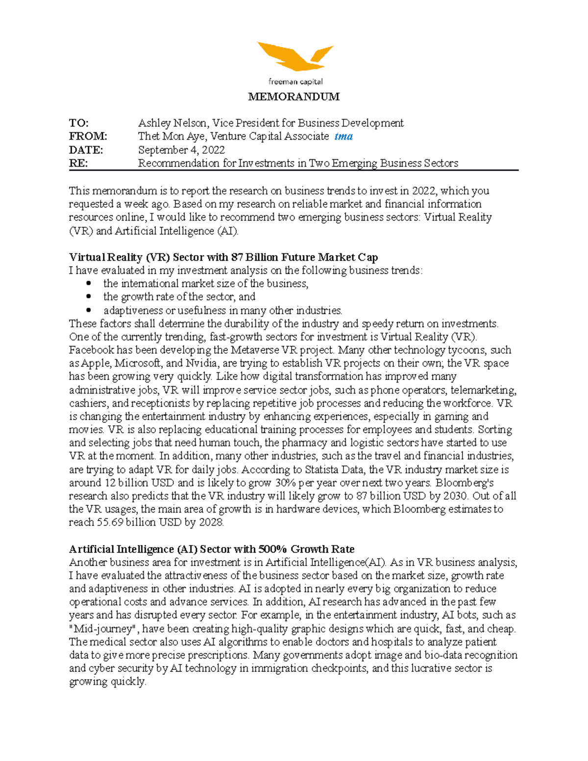 Memo Assignment - MEMORANDUM TO: Ashley Nelson, Vice President for ...