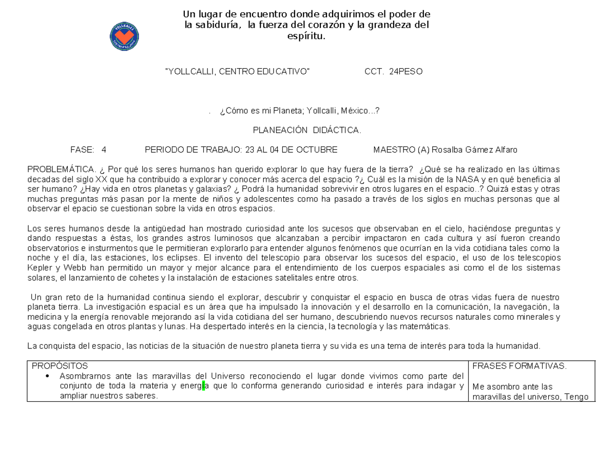 2425 Planeacion 2024-2025 Universo - “YOLLCALLI, CENTRO EDUCATIVO” CCT ...