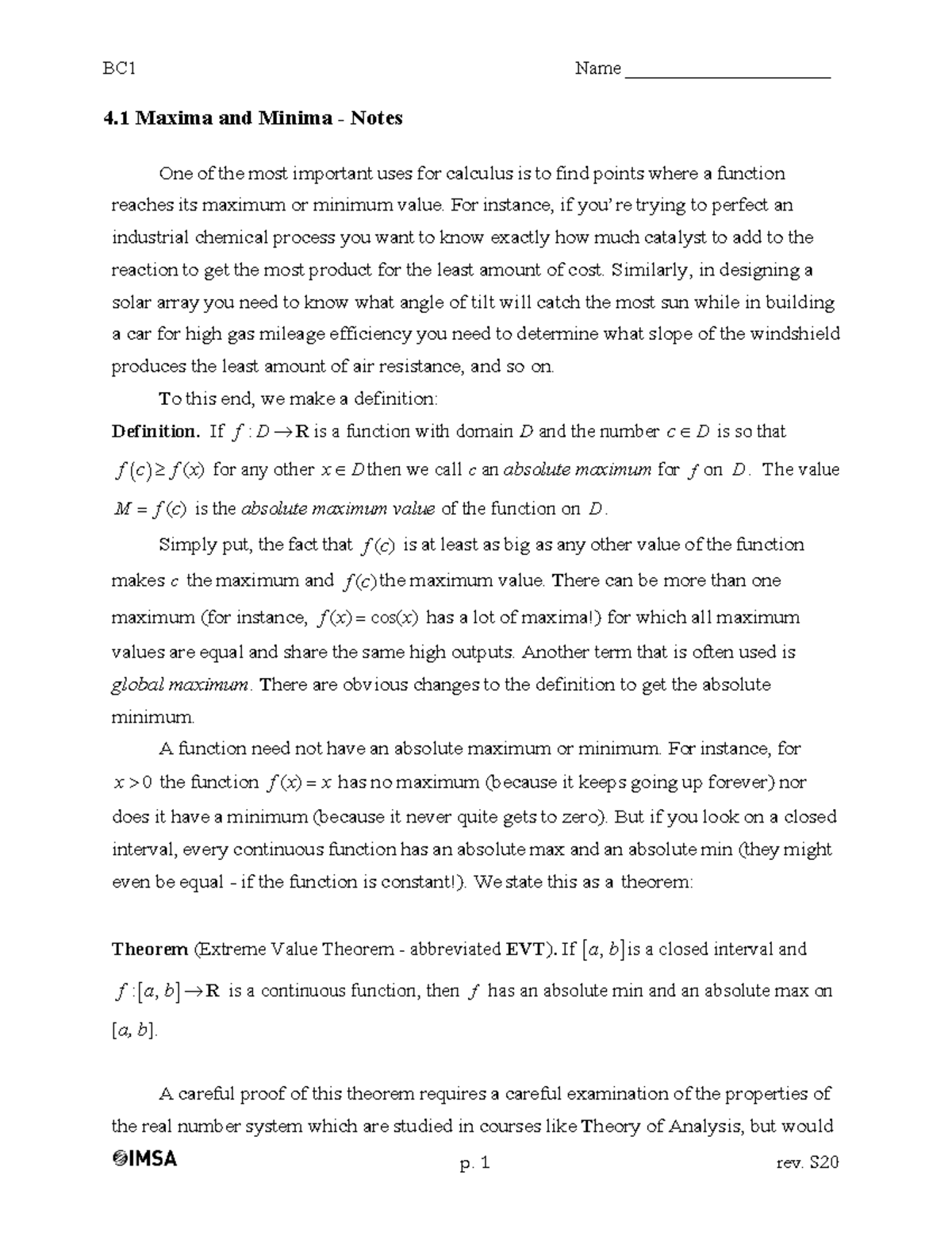 Maxima and minima - intro to extrema - 4 Maxima and Minima - Notes One ...