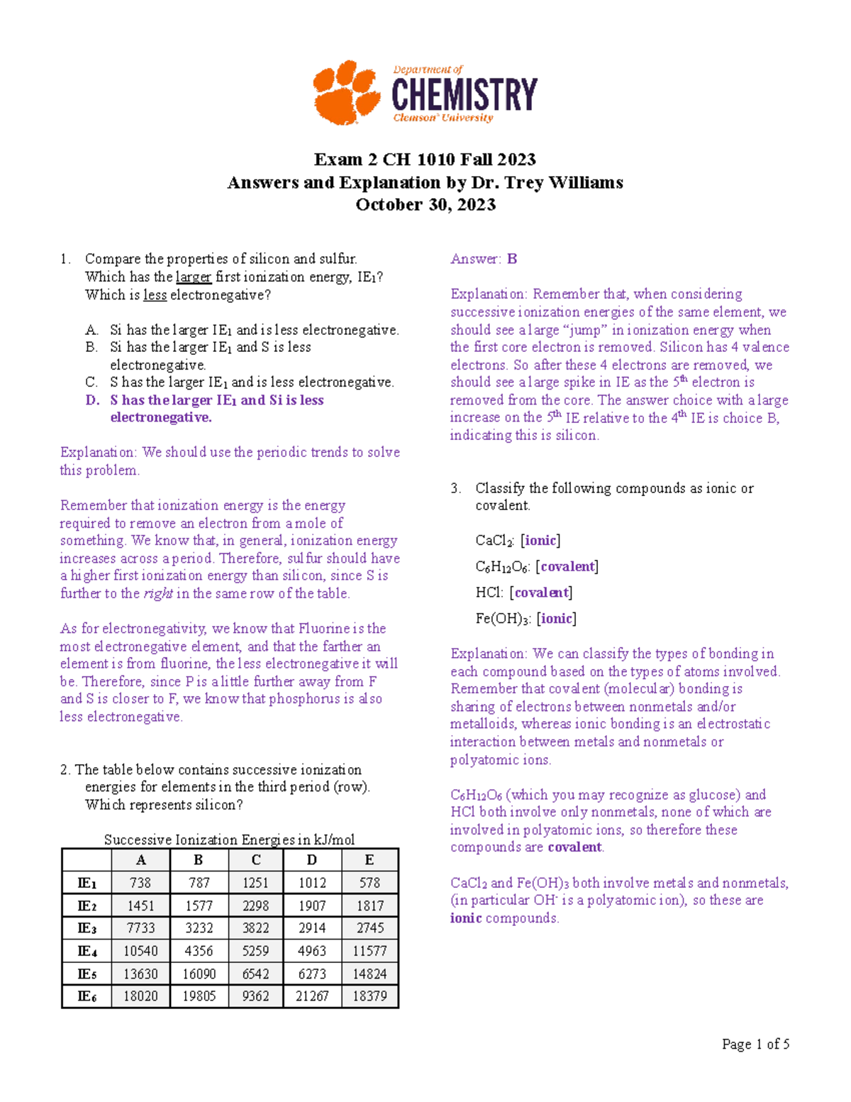 Exam 2 CH 1010 Fall 2023 answers with explanations - Page 1 of 5 Exam 2 ...