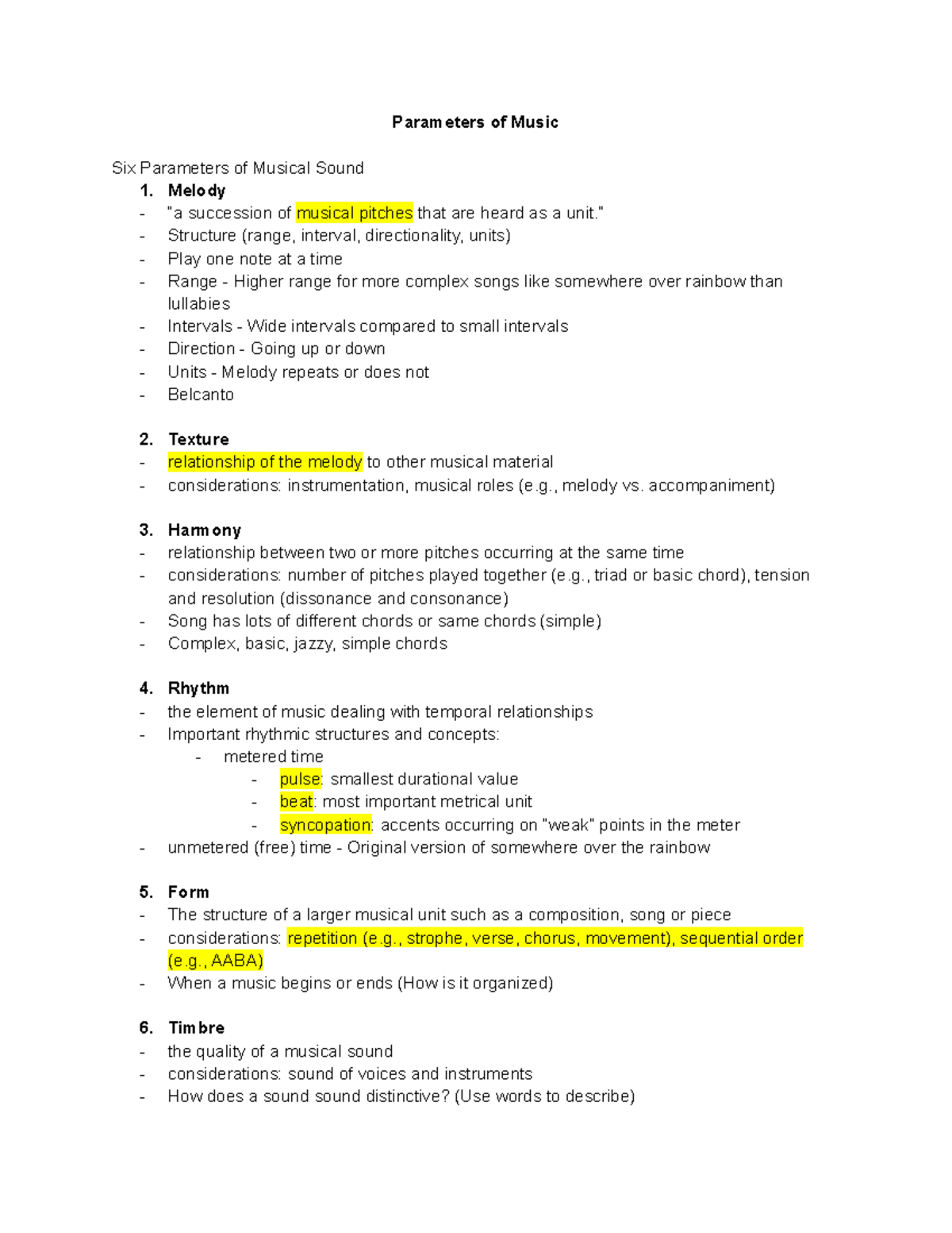 Unit 1 (Lecture 1) - notes - Parameters of Music Six Parameters of ...