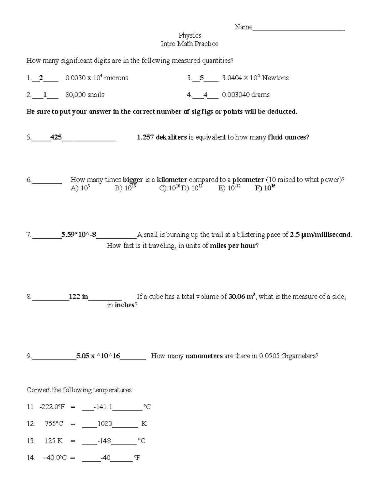 Sci.Conversion Practice Sheet - Name_________________________ Physics ...