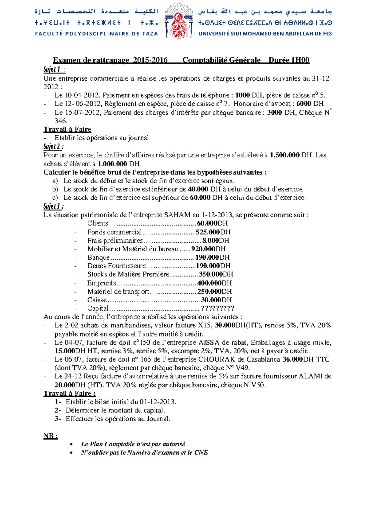 Exemple d'Examen S1 COMP 2015-2016 - Examen de rattrapage 2015-2016 ...
