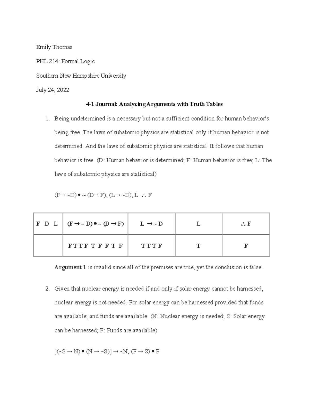 PHL 214- 4-1 Journal - Emily Thomas PHL 214: Formal Logic Southern New ...