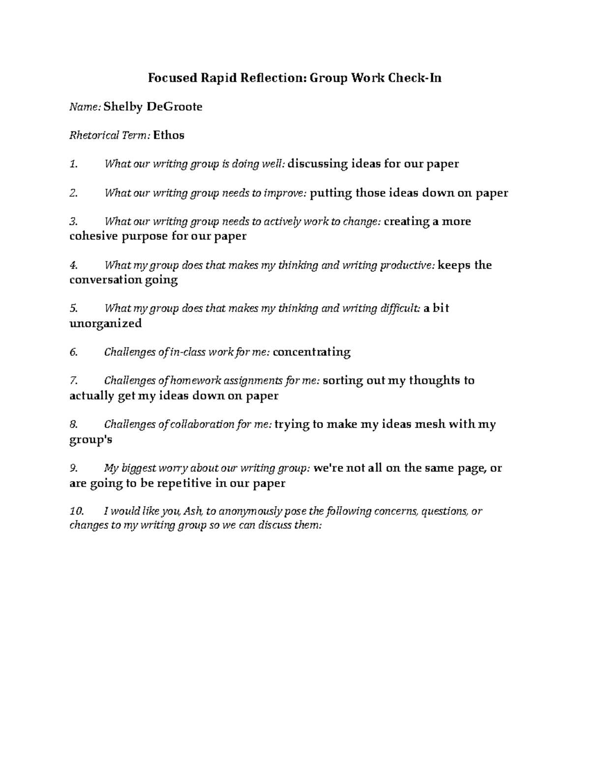 Group Work Reflection 3 - Focused Rapid Reflection: Group Work Check-In ...