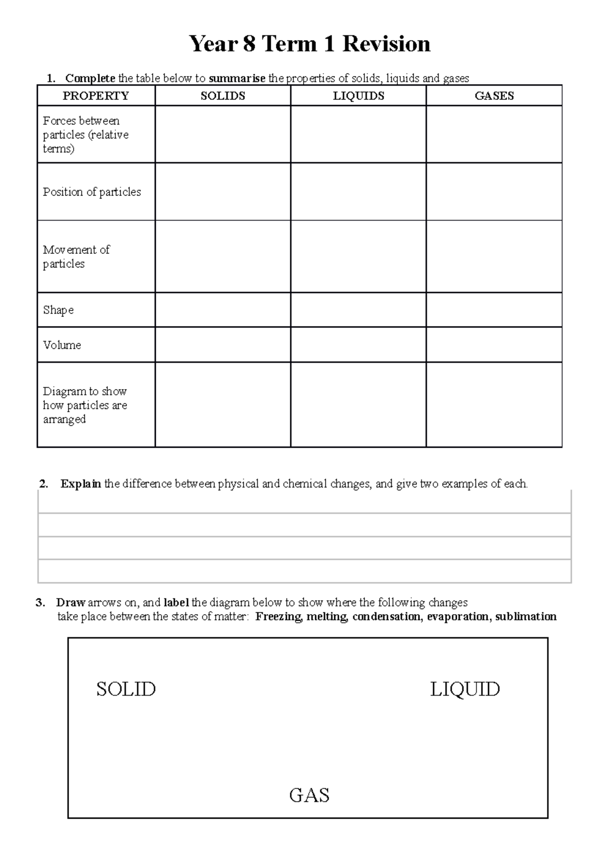 Year 8 Term 1 Revision Sheet Year 8 Term 1 Revision 1 Complete The