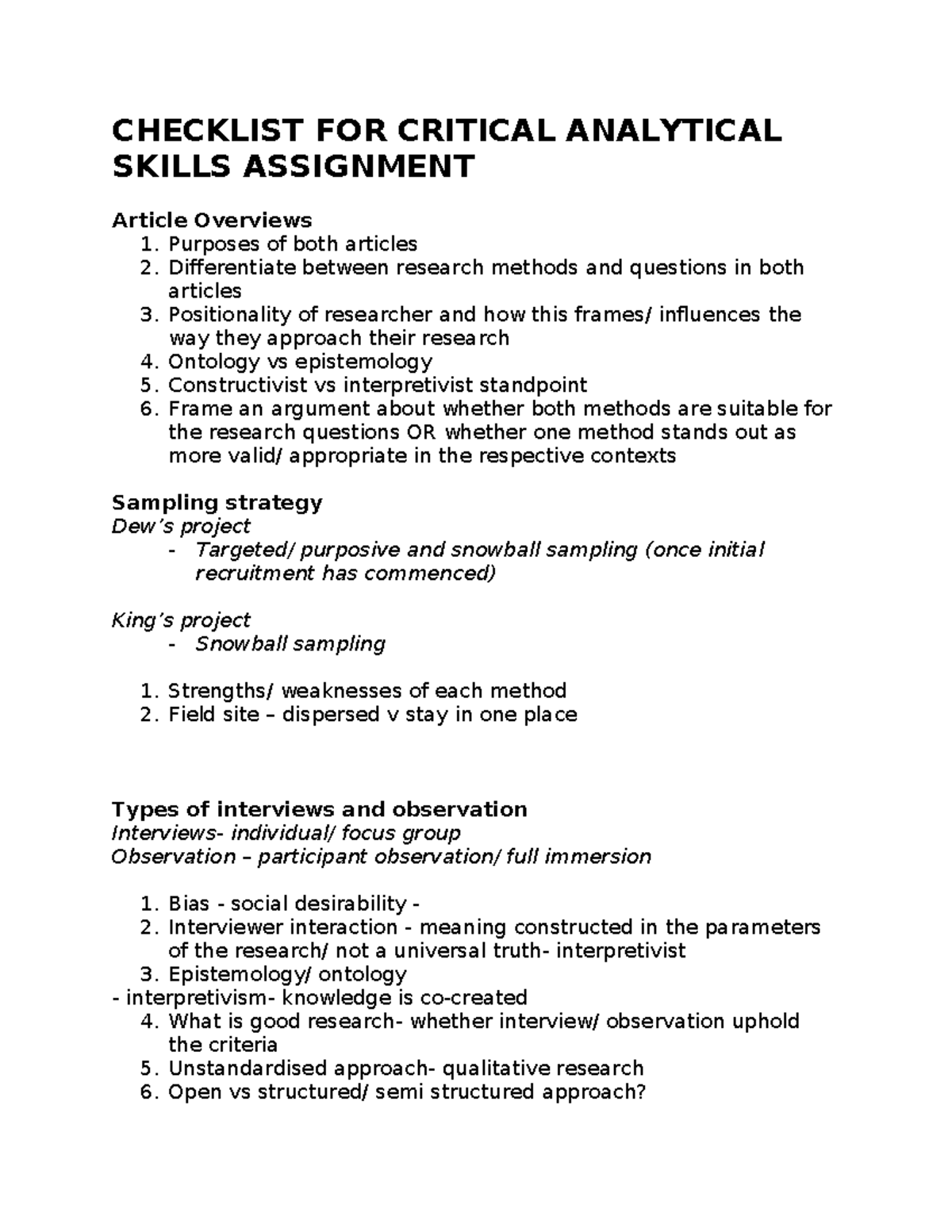 Checklist FOR Critical Analytical Skills Assignment - CHECKLIST FOR ...