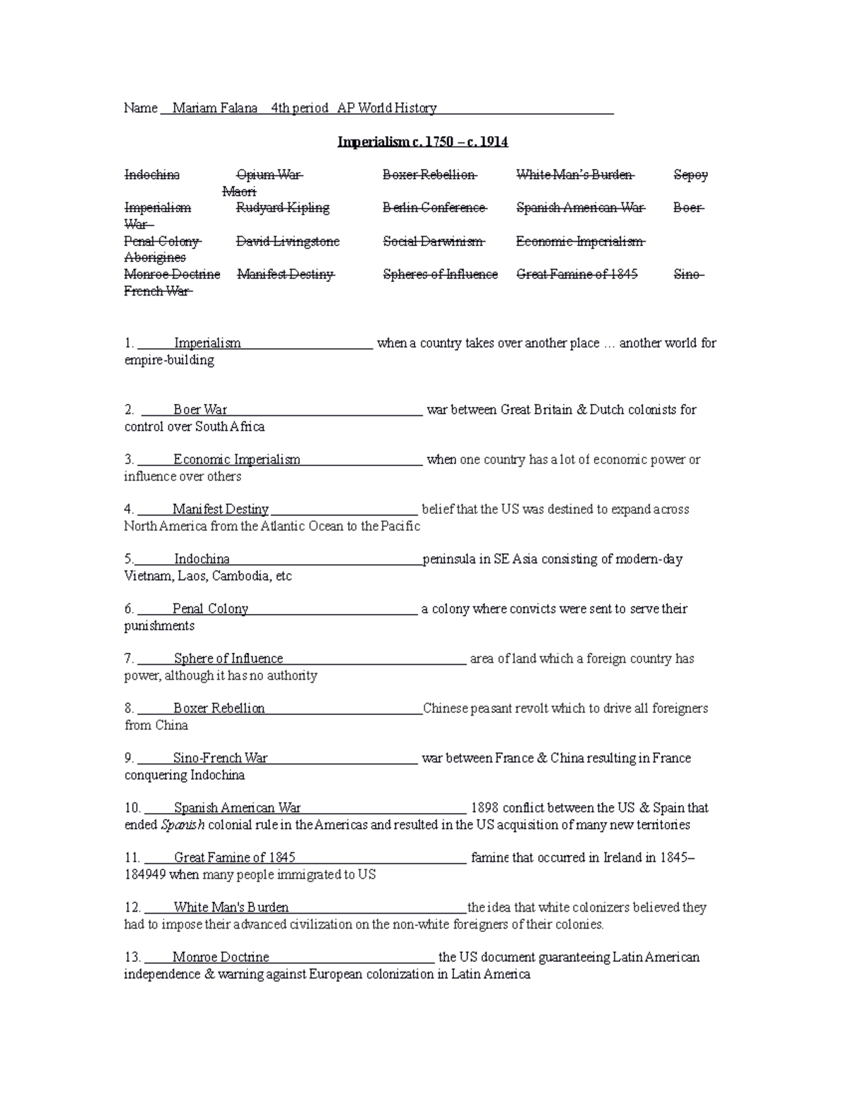 Wk 1 imperialism vocab - History - Name Mariam Falana 4th period AP ...