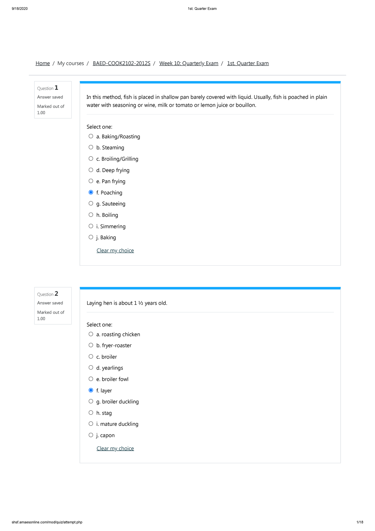 Cookery g12 first quarter exam - Question 1 Answer saved Marked out of ...