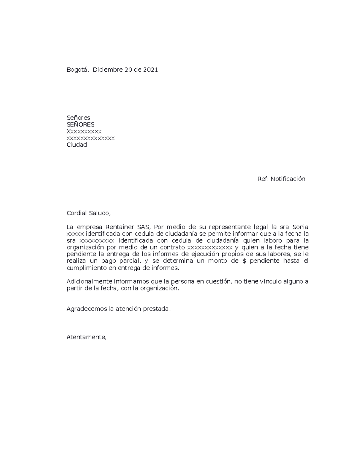 Modelo de carta para cliente - Bogotá, Diciembre 20 de 2021 Señores ...