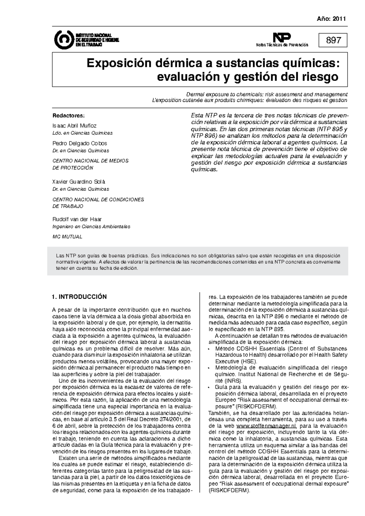897 evaluacion cualitativa via dermica - Notas Técnicas de Prevención ...