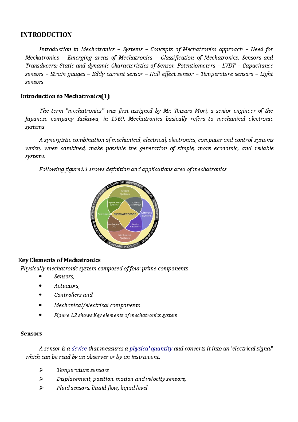 Mechatronics material- unit 1 - INTRODUCTION Introduction to Mechatronics – Systems – Concepts ...