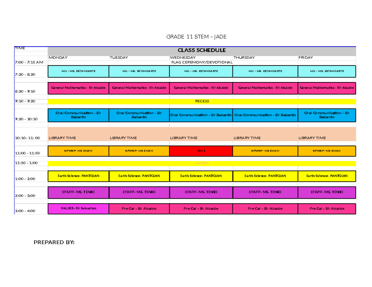 Grade 11 STEM Class Schedule - GRADE 11 STEM – JADE PREPARED BY: TIME ...
