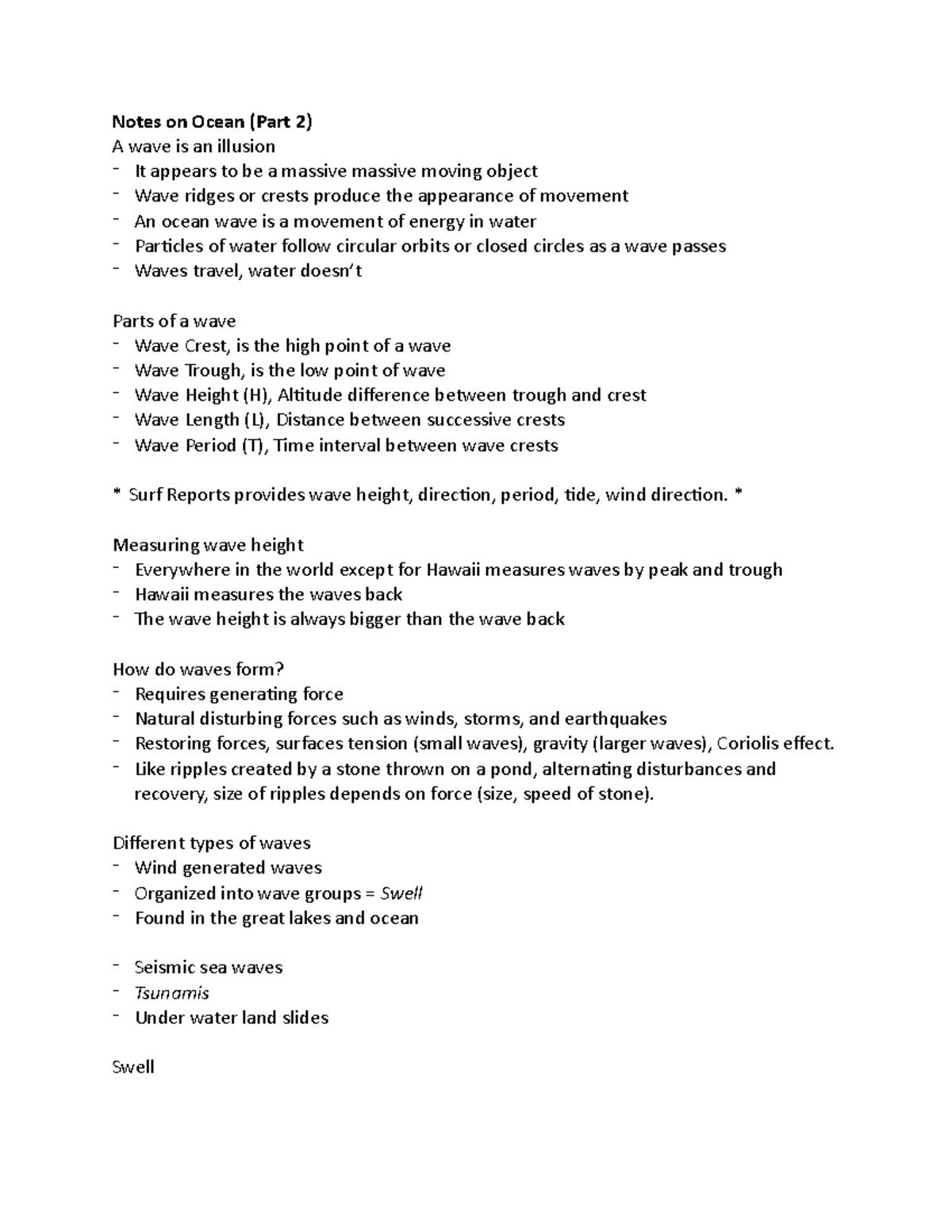 Ocean Waters Notes Part 2 - Notes on Ocean (Part 2) A wave is an ...