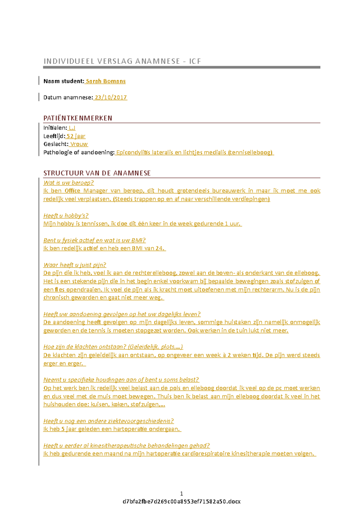 Individueel verslag anamneseopdracht - INDIVIDUEEL VERSLAG ANAMNESE ...