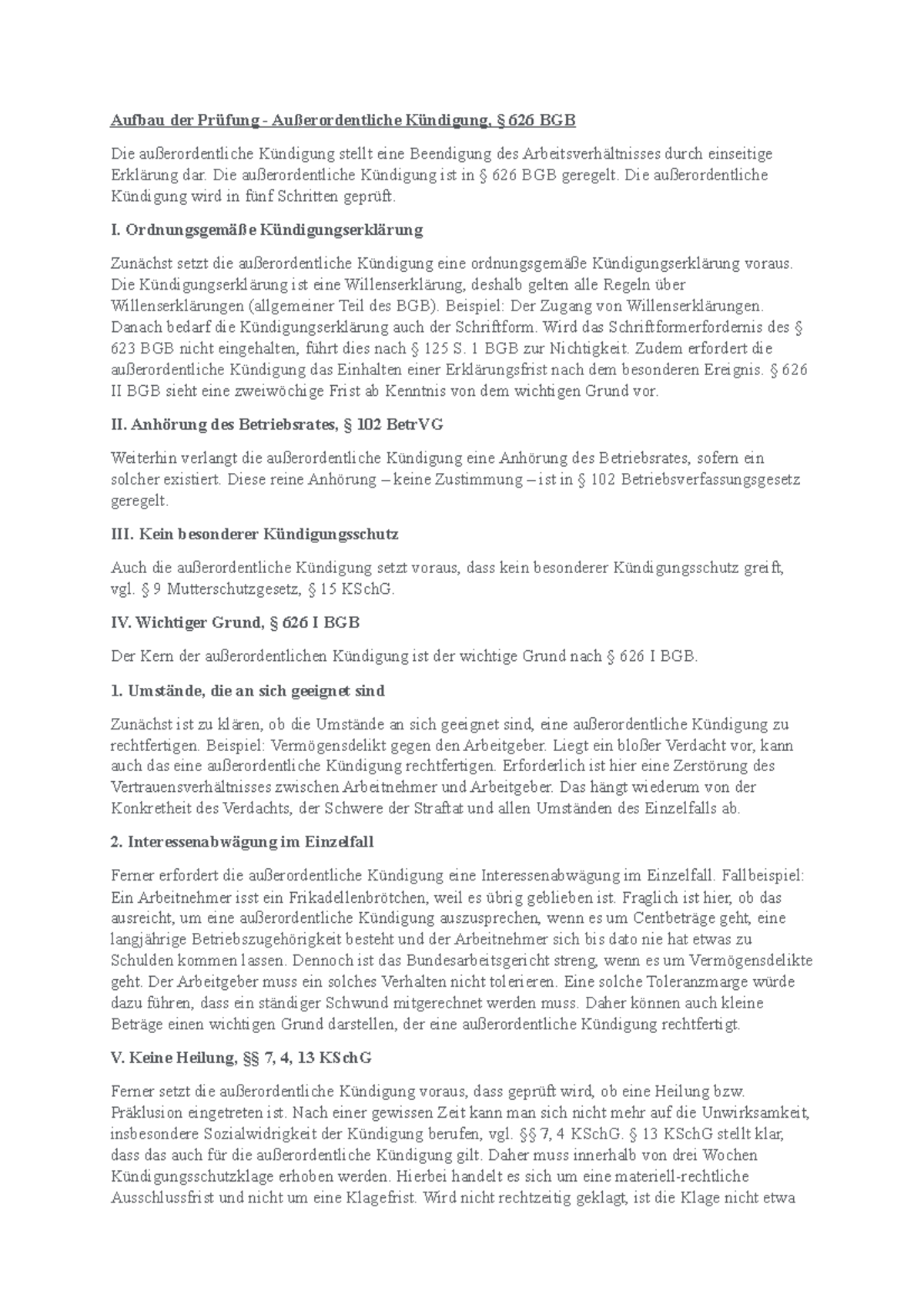Aufbau der Prüfung - Außerordentliche Kündigung, § 626 BGB - Aufbau der Prüfung ...