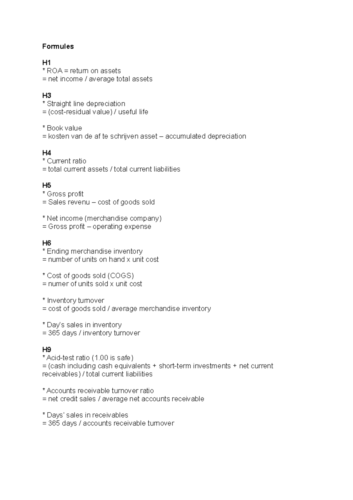 Formule blad macro-economie - Formules H ROA = return on assets = net ...