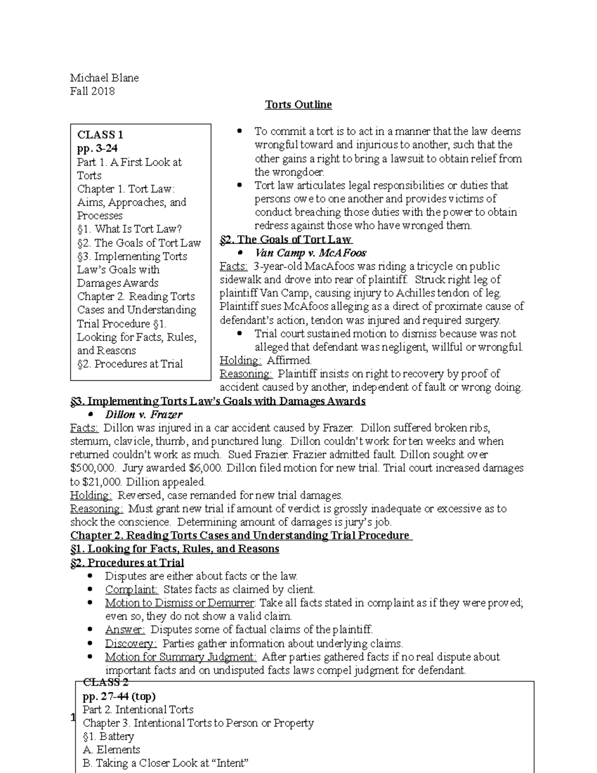 Torts Outline-Blane 2018 - Michael Blane Fall 2018 Torts Outline To ...