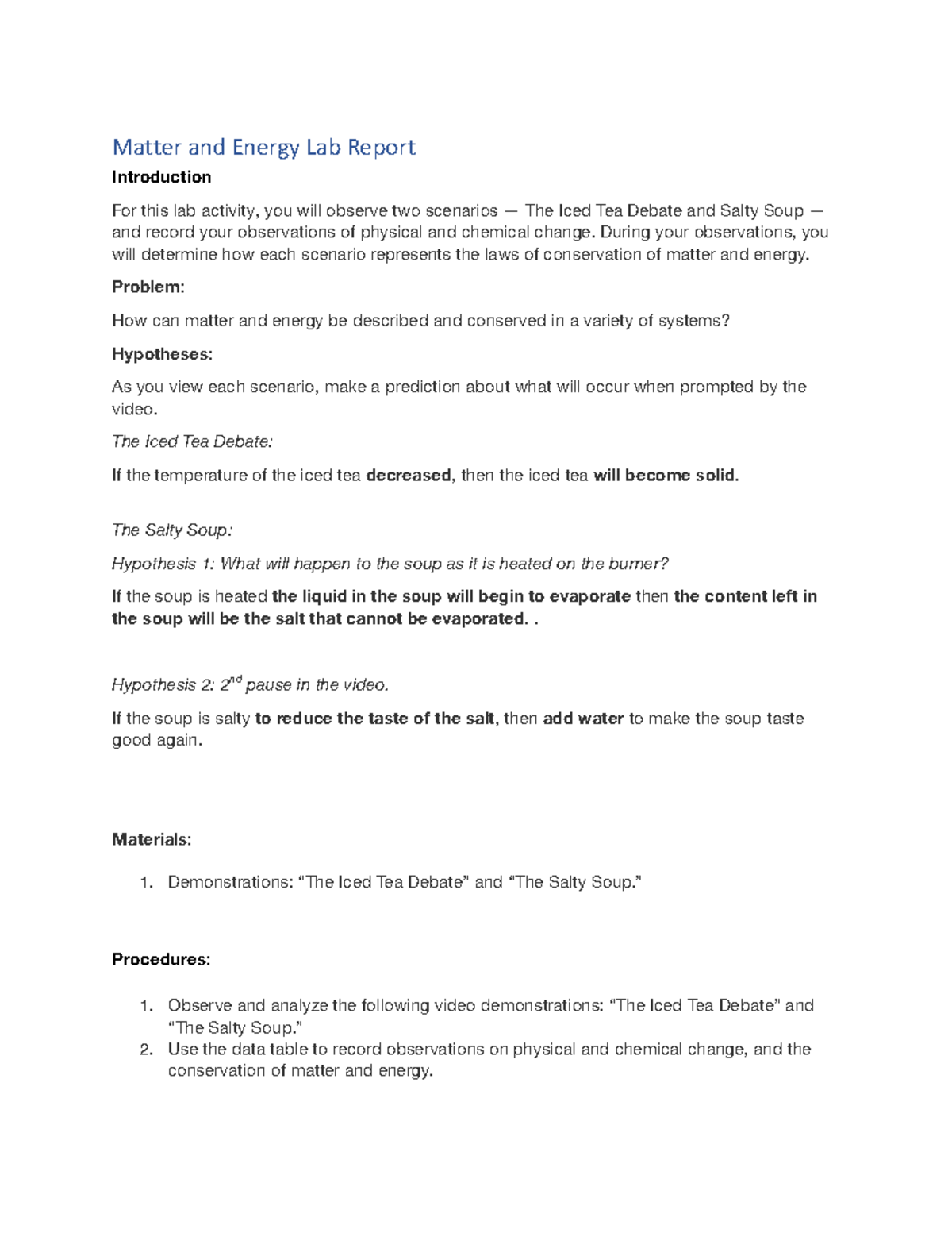 1.06 Matter and Energy - Matter and Energy Lab Report Introduction For ...