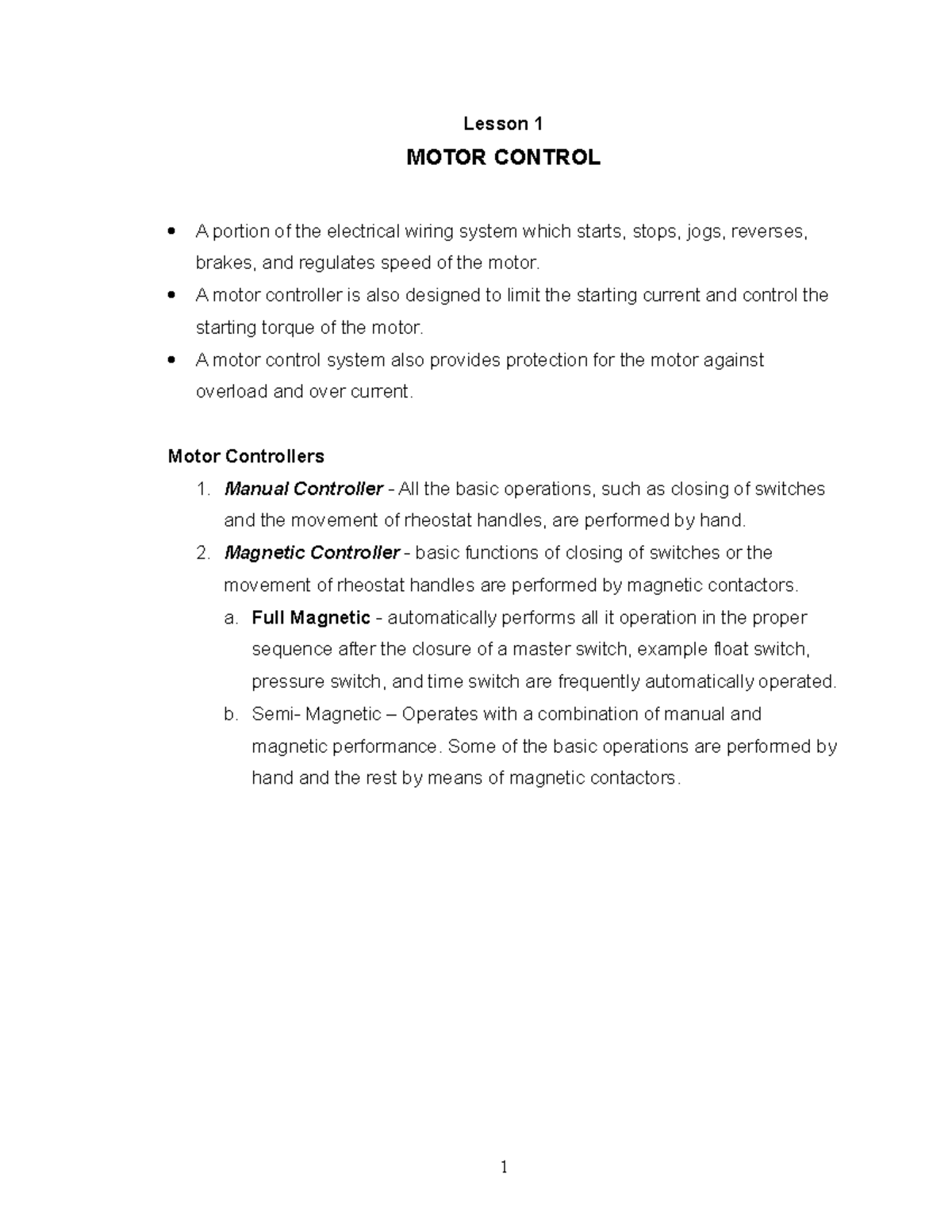 Motor Control - Lesson 1 MOTOR CONTROL A portion of the electrical ...