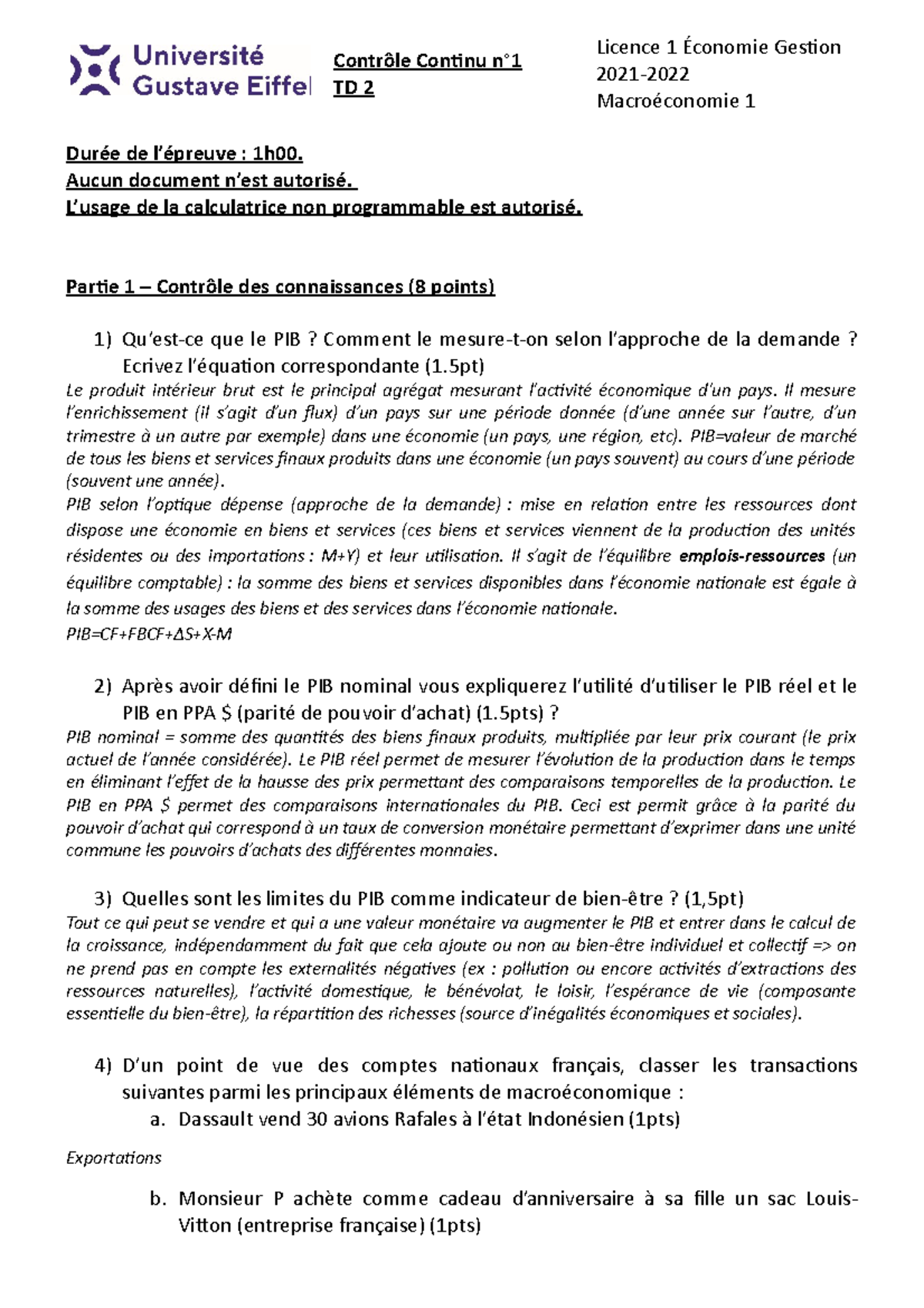 CC1 énoncé n°2 - Contrôle Continu n° TD 2 Licence 1 Économie Gestion 2021- Macroéconomie 1 Durée ...