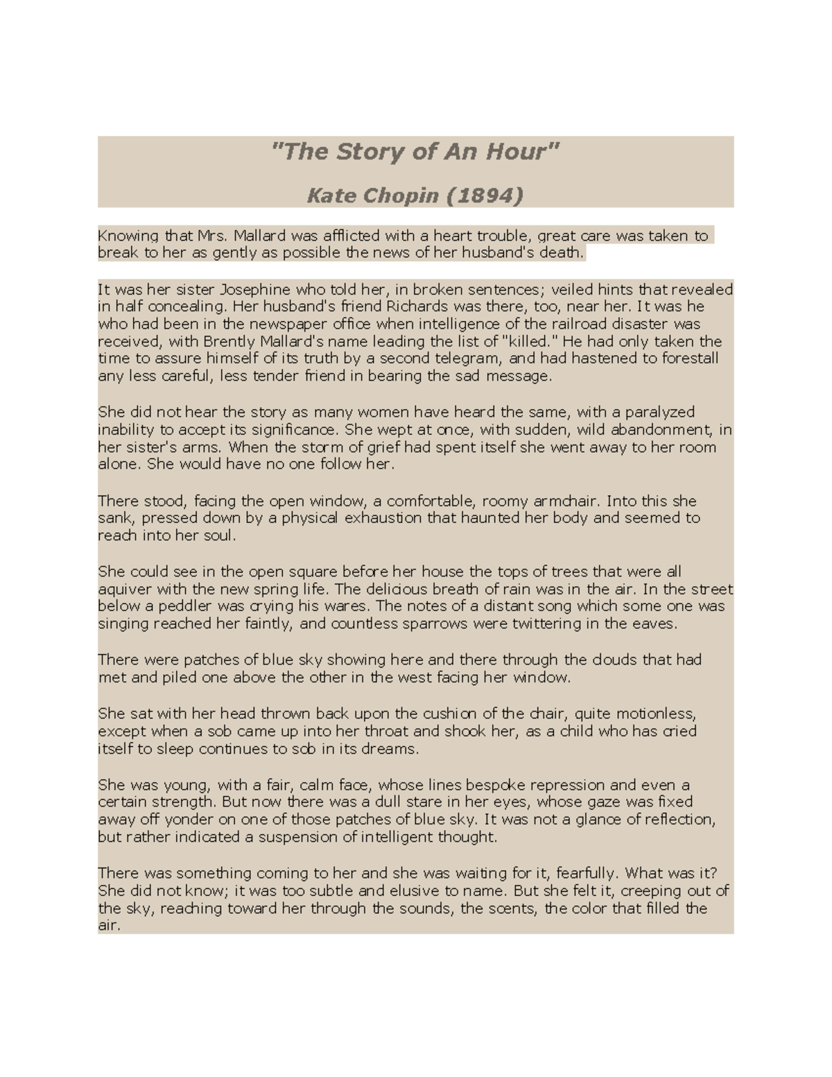 The Story of An Hour by Kate Chopin - "The Story of An Hour" Kate ...