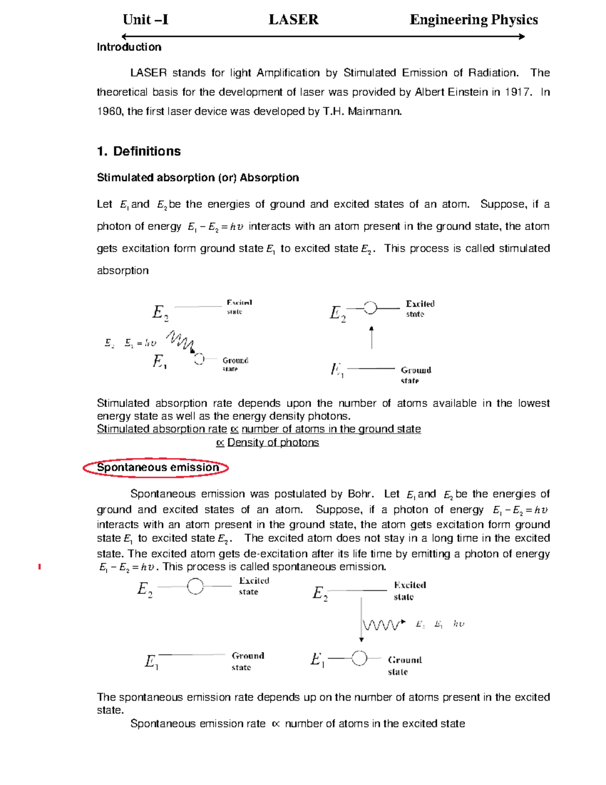 Laser notes - Introduction LASER stands for light Amplification by ...