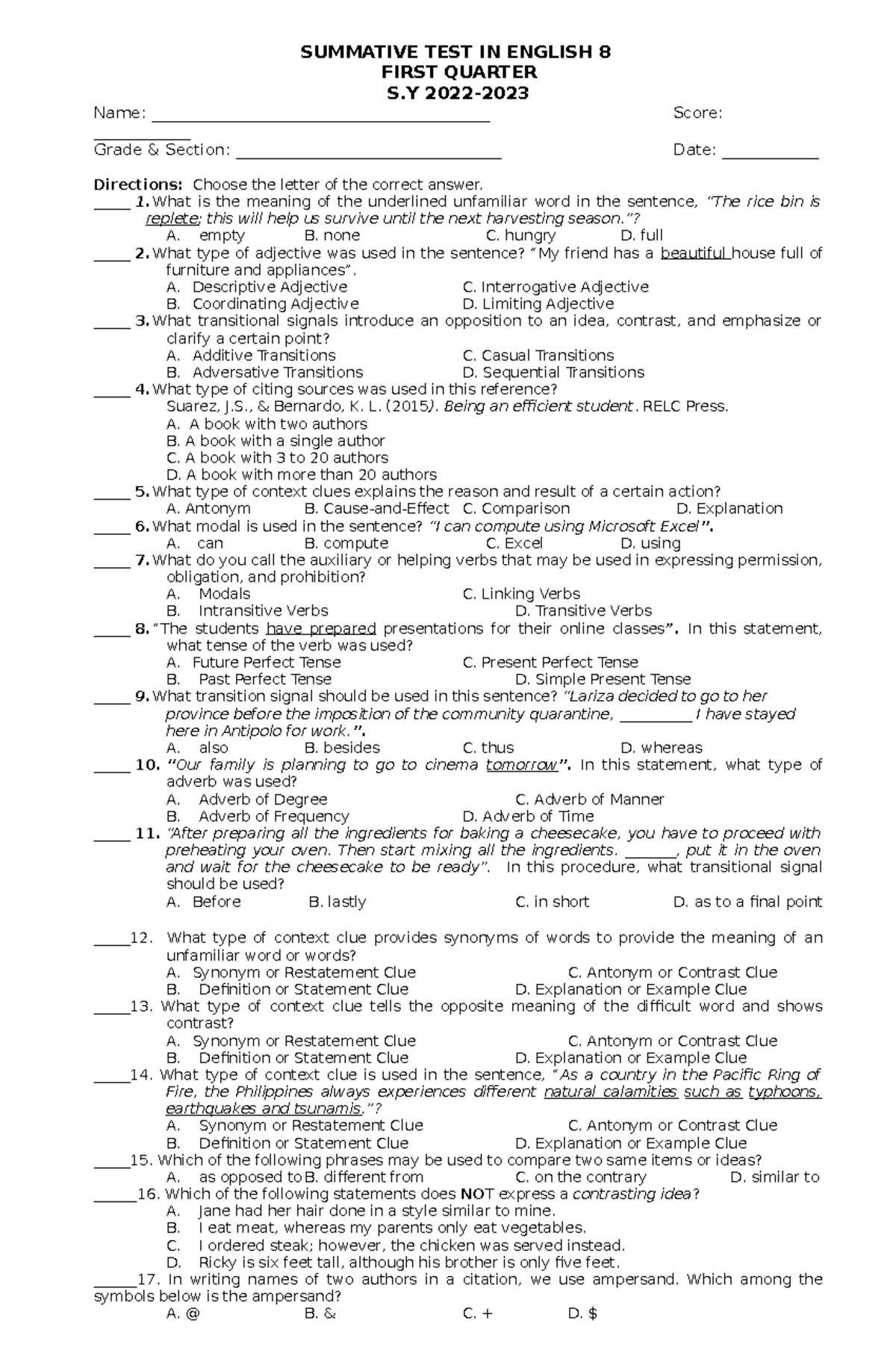 Summative TEST English 8 Q1 SUMMATIVE TEST IN ENGLISH 8 FIRST