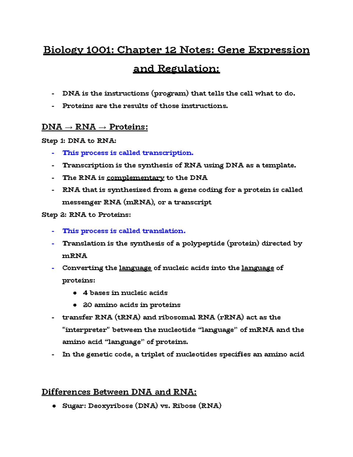 Biology 1002 Chapter 12 Notes Gene Expression and Regulation - Biology ...