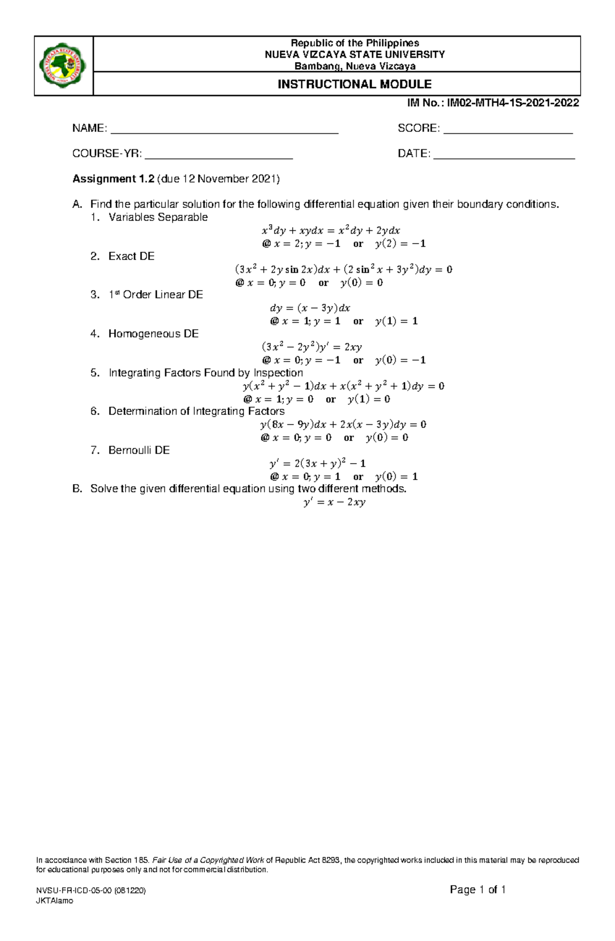 DE 02 - As 1-2 - Differential equation 1 - NUEVA VIZCAYA STATE ...