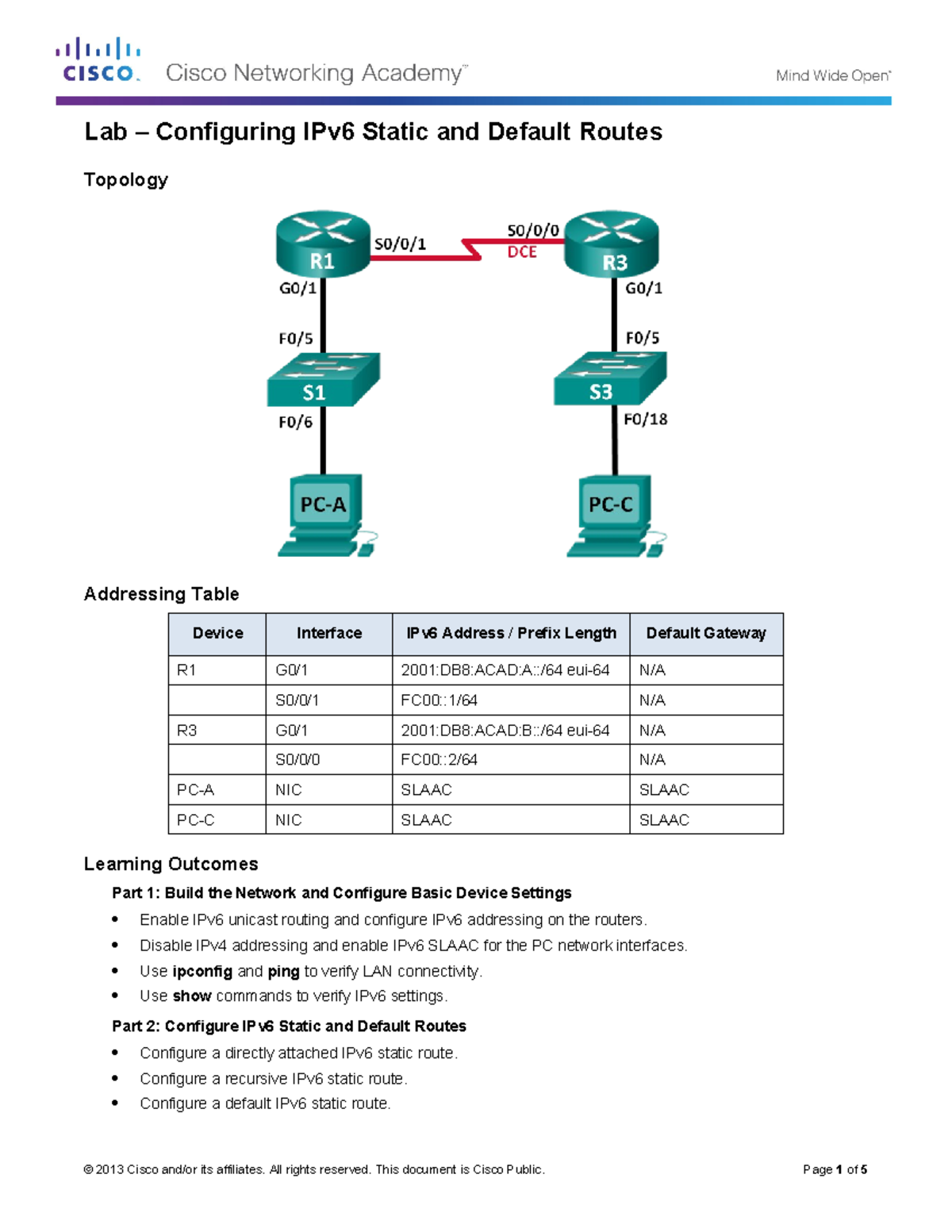 IPv6 + Static Route - simplified - Topology Addressing Table Device Interface IPv6 Address ...