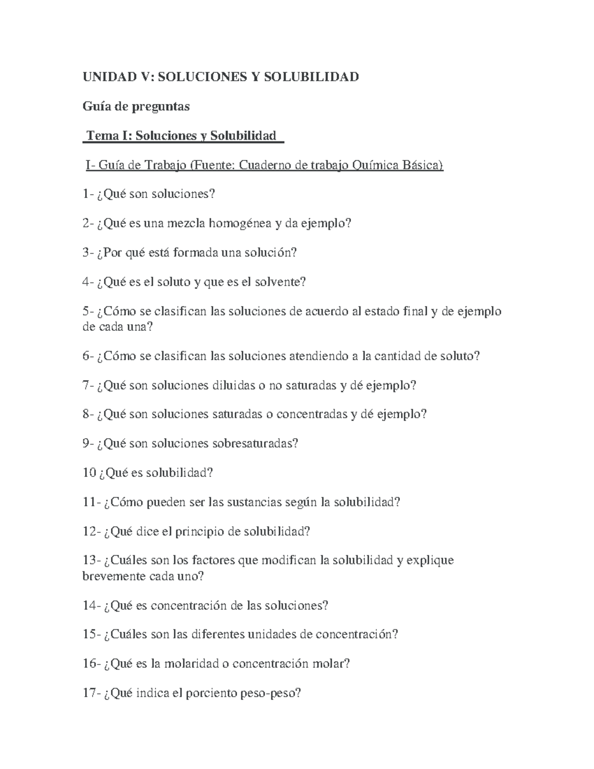 GUIA DE Preguntas Unidad V - UNIDAD V: SOLUCIONES Y SOLUBILIDAD Guía de ...