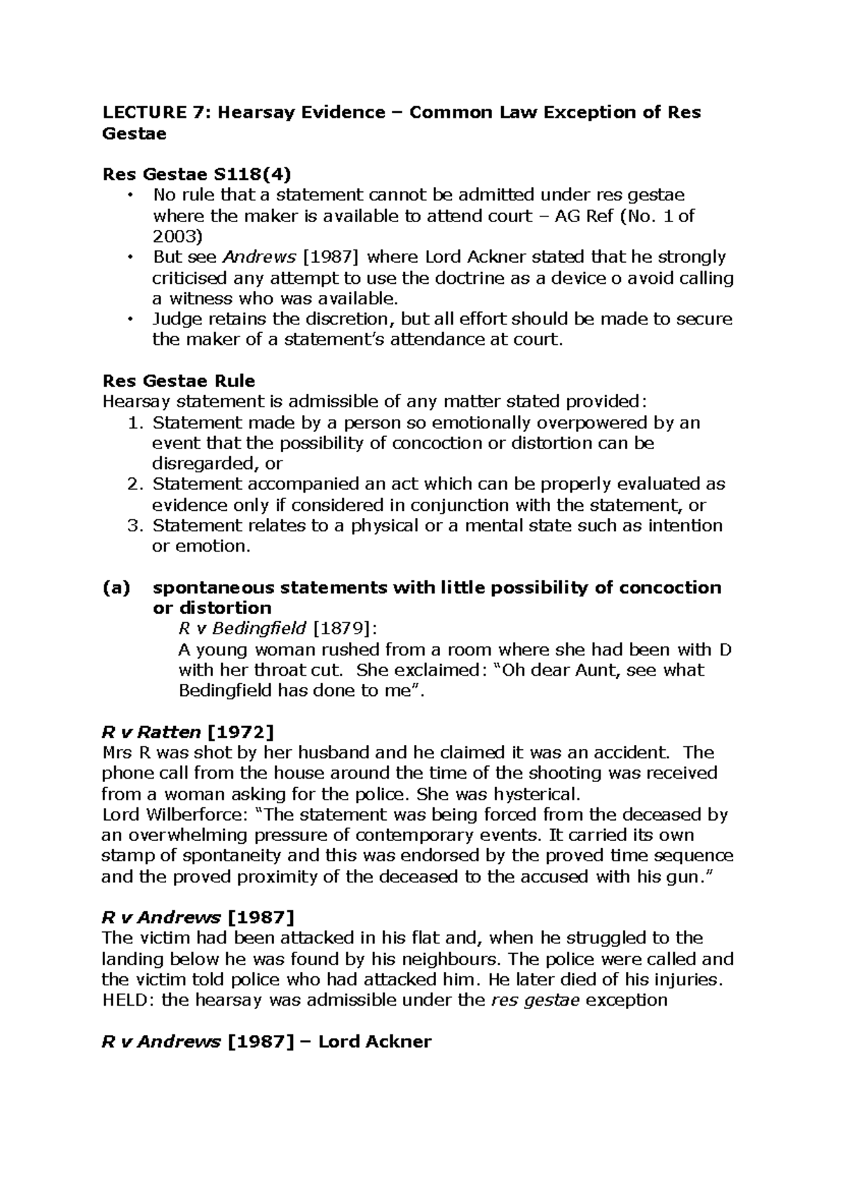 Lecture 7 - LECTURE 7: Hearsay Evidence – Common Law Exception of Res Gestae Res Gestae S118(4 ...